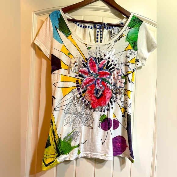 Desigual | Tops | Desigual Cotton Floral Tie Neck Tee Top S | Poshmark